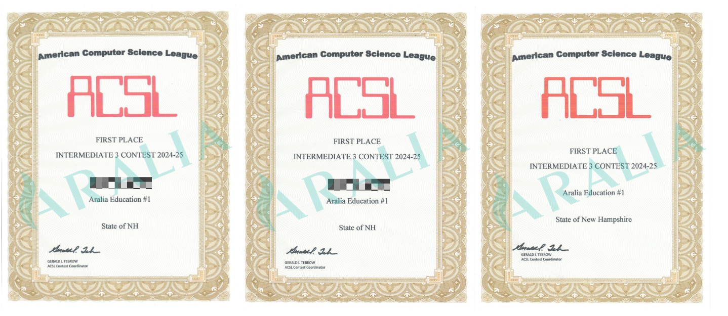 ACSL全美計算機2025競賽捷報：睿雅隊伍排名世界前5%，隊伍拿下州冠軍，2位同學榮獲個人州冠軍！ | Aralia Education